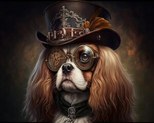 steampunk cocker spaniel, art print, wall hanging, animal poster picture, photograph fantasy anthropomorphic, dog puppy gift, imagination (8x10)