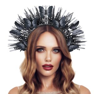 cosucos halo crown headpiece goddess - black spiked zip tie headwear gothic crowns queen festival headband for women wedding photoshoot cosplay butterfly accessories pageant costume