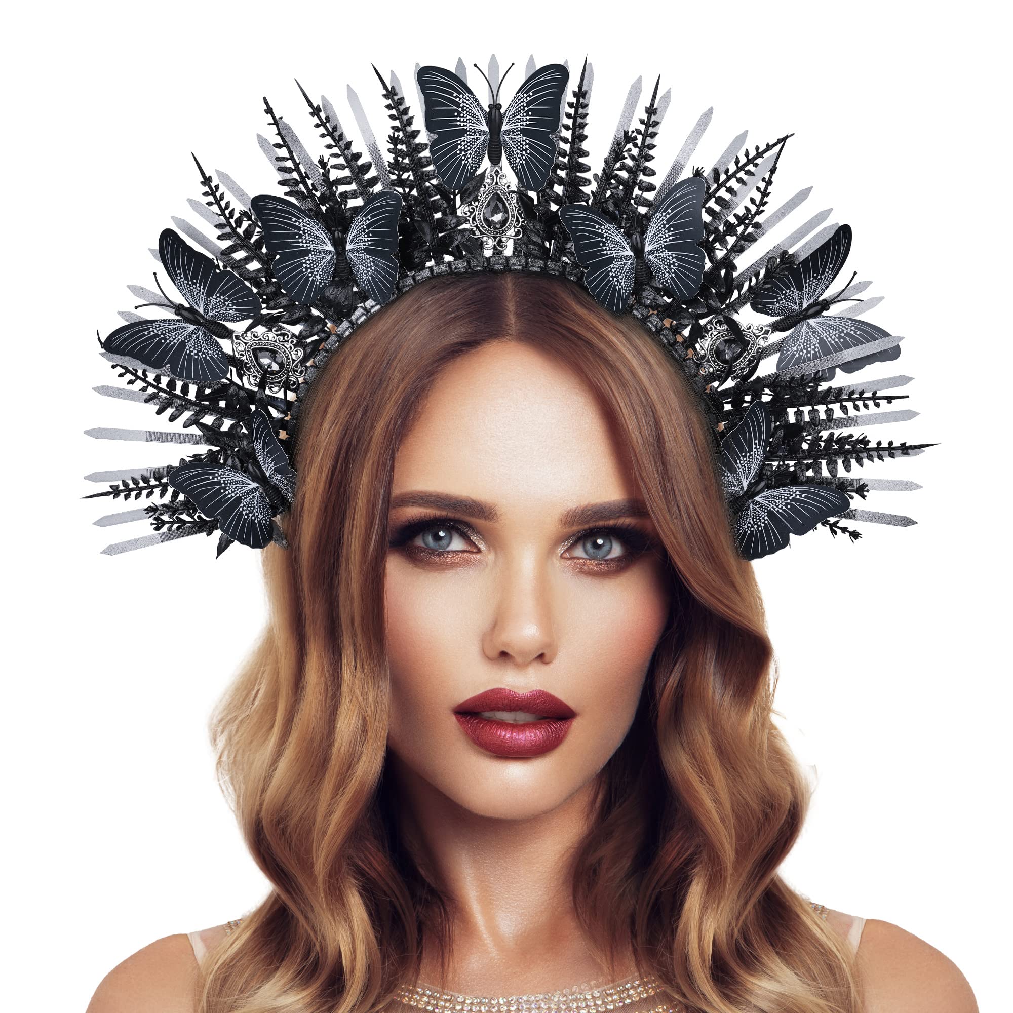 COSUCOS Halo Crown Headpiece Goddess - Black Spiked Zip Tie Headwear Gothic Crowns Queen Festival Headband for Women Wedding Photoshoot Cosplay Butterfly Accessories Pageant Costume