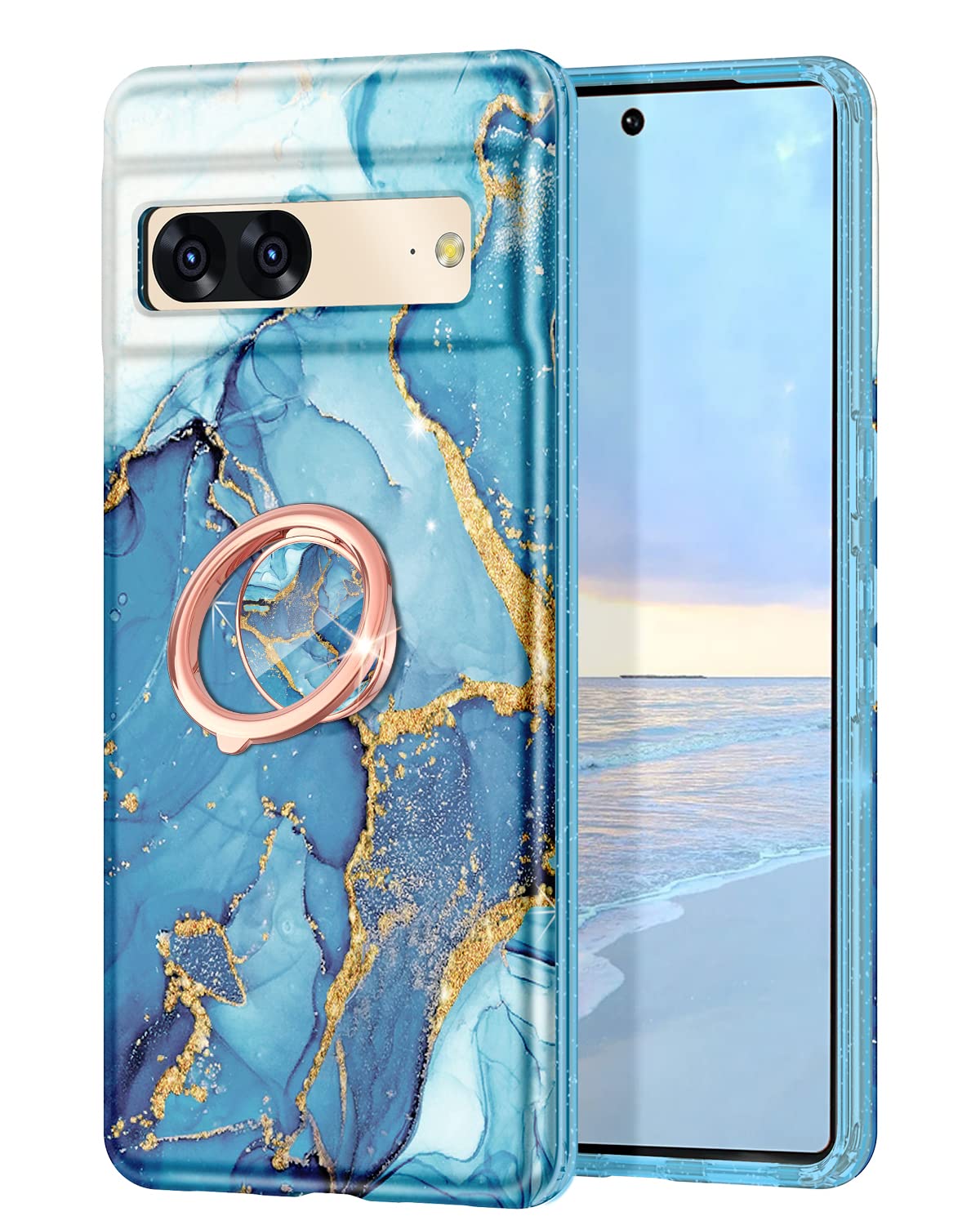 Hekodonk for Google Pixel 7 Case,Heavy Duty with Rotation Ring Kickstand Magnetic Car Mount Full Body Shockproof Rugged Protection Slim Marble Phone Case Cover for Google Pixel 7 Blue Marble