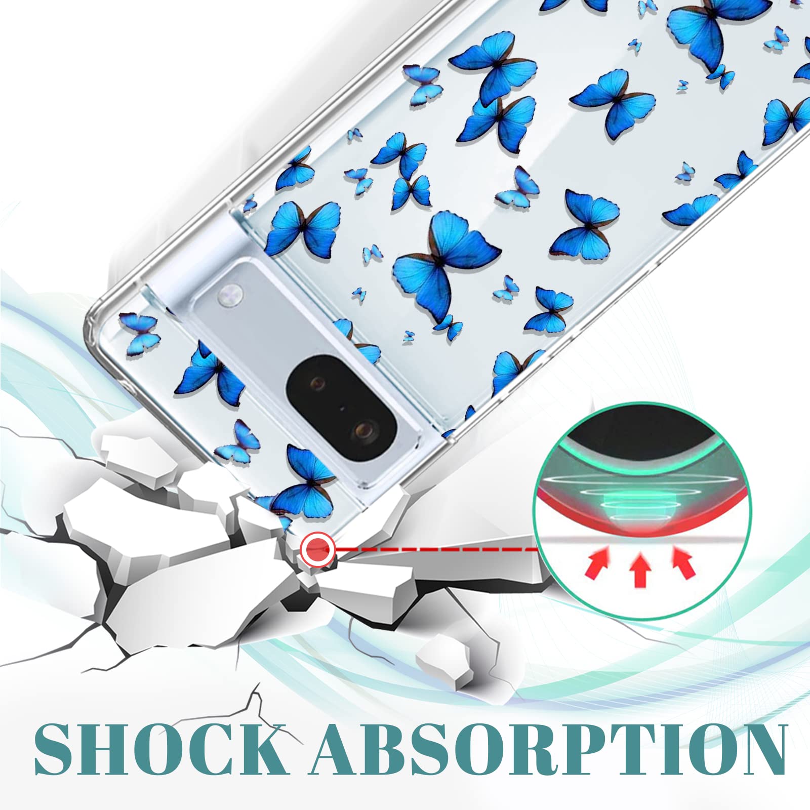 HONNKY for Pixel 7 Case, Clear with Cute Pattern Shockproof Heavy Duty Protection Cover Slim Anti-Slip Phone Case for Google Pixel 7 6.3 inch(Butterfly)