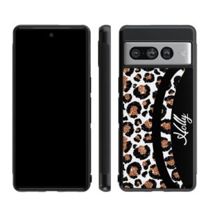 Leopard Skin Curvy Moon White and Gold Personalized Black Rubber Phone Case Compatible With Google Pixel 8 Pro, 8a, 8, 7a, 7, Pixel 7 Pro, 6a, Pixel 6 Pro, 6, 5, 4a 5G, 4a 4G, 4, 4 XL, 3a, 3a XL, 3