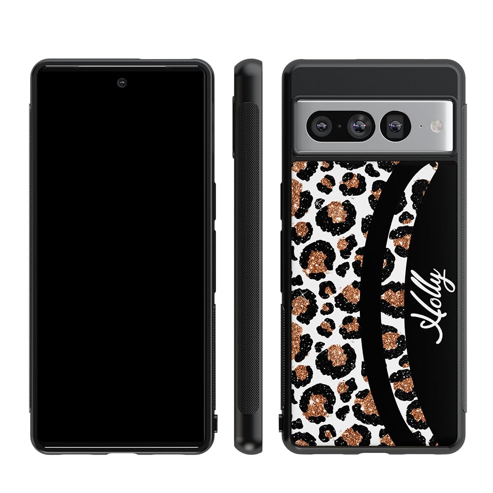 Leopard Skin Curvy Moon White and Gold Personalized Black Rubber Phone Case Compatible With Google Pixel 8 Pro, 8a, 8, 7a, 7, Pixel 7 Pro, 6a, Pixel 6 Pro, 6, 5, 4a 5G, 4a 4G, 4, 4 XL, 3a, 3a XL, 3