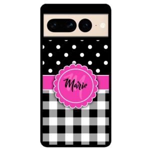 black white pink plaid and polka dots personalized black rubber phone case compatible with google pixel 8 pro, 8a, 8, 7a, 7, pixel 7 pro, 6a, pixel 6 pro, 6, 5, 4a 5g, 4a 4g, 4, 4 xl, 3a