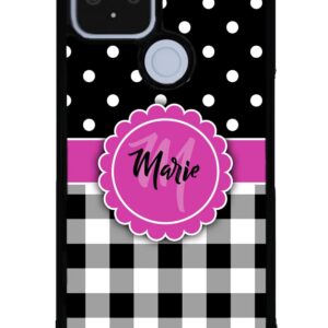 Black White Pink Plaid and Polka Dots Personalized Black Rubber Phone Case Compatible With Google Pixel 8 Pro, 8a, 8, 7a, 7, Pixel 7 Pro, 6a, Pixel 6 Pro, 6, 5, 4a 5G, 4a 4G, 4, 4 XL, 3a