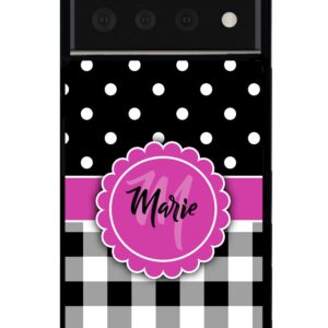 Black White Pink Plaid and Polka Dots Personalized Black Rubber Phone Case Compatible With Google Pixel 8 Pro, 8a, 8, 7a, 7, Pixel 7 Pro, 6a, Pixel 6 Pro, 6, 5, 4a 5G, 4a 4G, 4, 4 XL, 3a