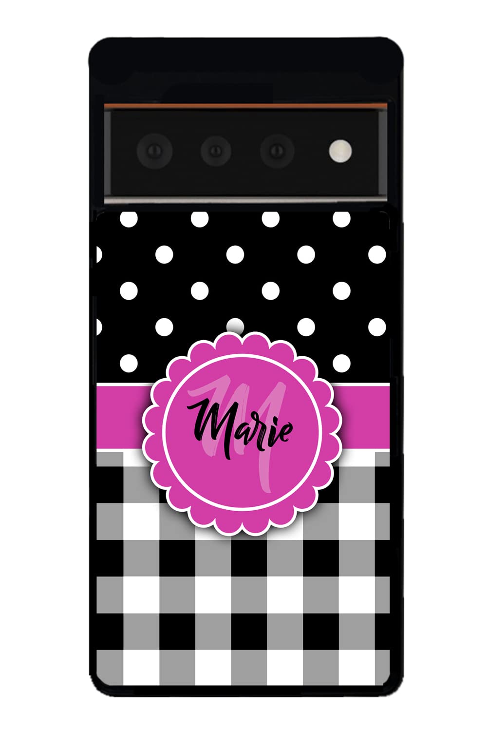 Black White Pink Plaid and Polka Dots Personalized Black Rubber Phone Case Compatible With Google Pixel 8 Pro, 8a, 8, 7a, 7, Pixel 7 Pro, 6a, Pixel 6 Pro, 6, 5, 4a 5G, 4a 4G, 4, 4 XL, 3a