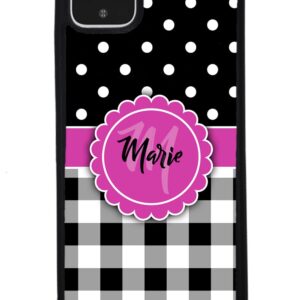 Black White Pink Plaid and Polka Dots Personalized Black Rubber Phone Case Compatible With Google Pixel 8 Pro, 8a, 8, 7a, 7, Pixel 7 Pro, 6a, Pixel 6 Pro, 6, 5, 4a 5G, 4a 4G, 4, 4 XL, 3a