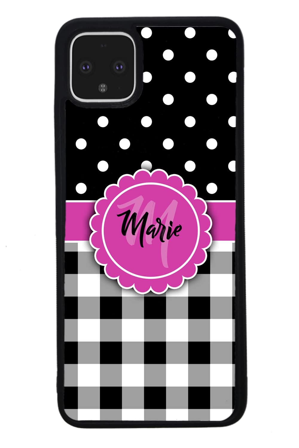 Black White Pink Plaid and Polka Dots Personalized Black Rubber Phone Case Compatible With Google Pixel 8 Pro, 8a, 8, 7a, 7, Pixel 7 Pro, 6a, Pixel 6 Pro, 6, 5, 4a 5G, 4a 4G, 4, 4 XL, 3a