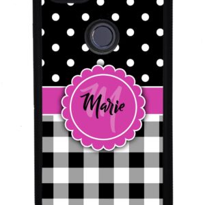 Black White Pink Plaid and Polka Dots Personalized Black Rubber Phone Case Compatible With Google Pixel 8 Pro, 8a, 8, 7a, 7, Pixel 7 Pro, 6a, Pixel 6 Pro, 6, 5, 4a 5G, 4a 4G, 4, 4 XL, 3a