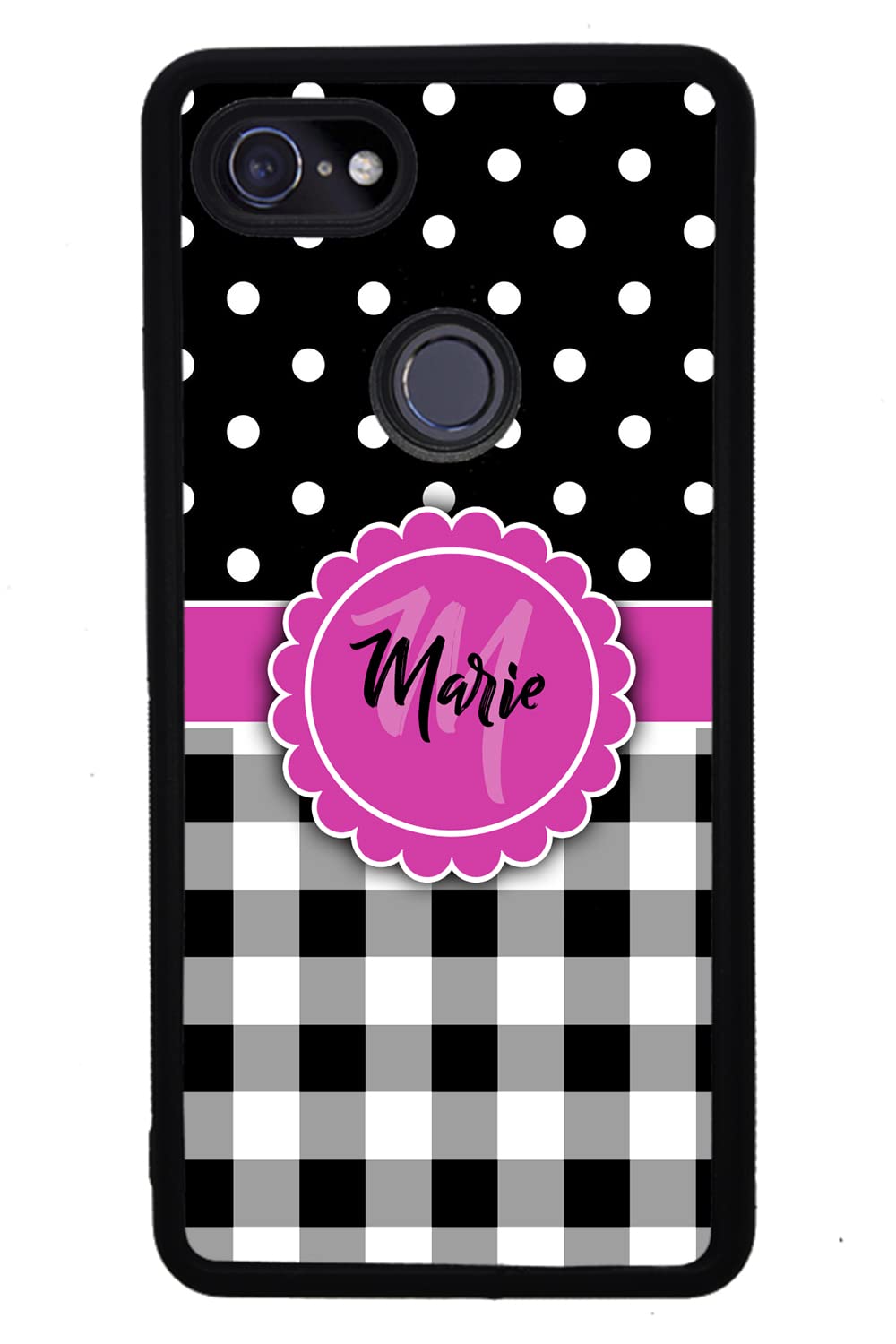 Black White Pink Plaid and Polka Dots Personalized Black Rubber Phone Case Compatible With Google Pixel 8 Pro, 8a, 8, 7a, 7, Pixel 7 Pro, 6a, Pixel 6 Pro, 6, 5, 4a 5G, 4a 4G, 4, 4 XL, 3a