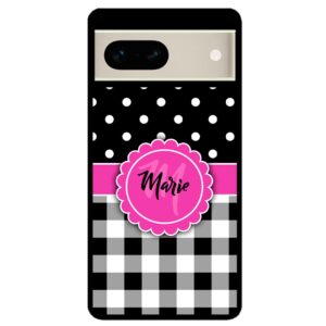 Black White Pink Plaid and Polka Dots Personalized Black Rubber Phone Case Compatible With Google Pixel 8 Pro, 8a, 8, 7a, 7, Pixel 7 Pro, 6a, Pixel 6 Pro, 6, 5, 4a 5G, 4a 4G, 4, 4 XL, 3a