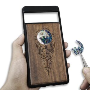 carveit hand-inlaid wooden case for google pixel 7 pro, (yinyang wolf engraved on walnut) compatible with qi wireless charging