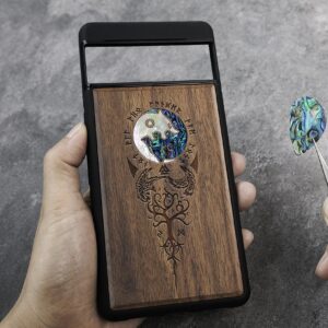 Carveit Hand-inlaid Wooden Case for Google Pixel 7 Pro, (Yinyang Wolf Engraved on Walnut) Compatible with QI Wireless Charging