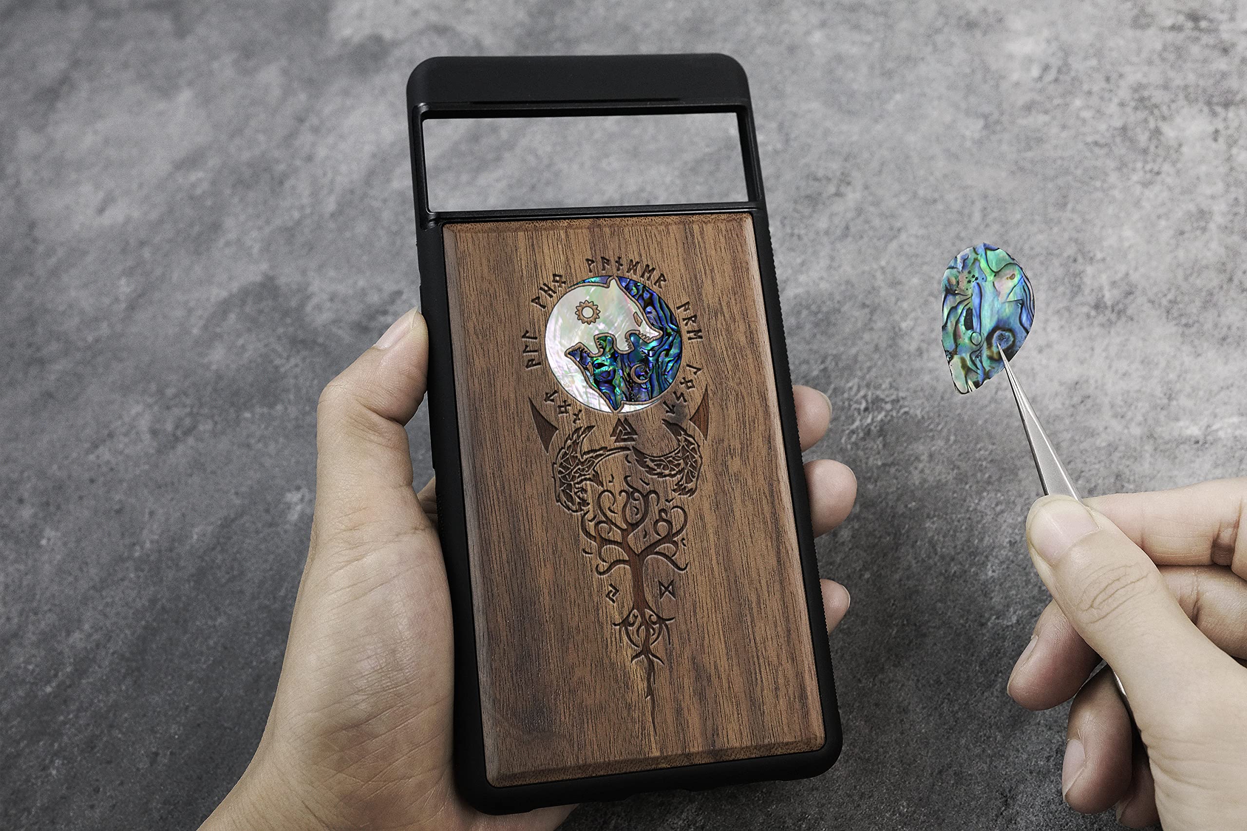 Carveit Hand-inlaid Wooden Case for Google Pixel 7 Pro, (Yinyang Wolf Engraved on Walnut) Compatible with QI Wireless Charging