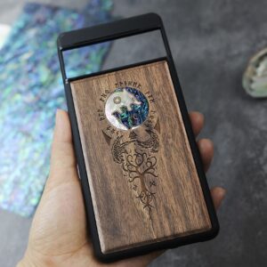 Carveit Hand-inlaid Wooden Case for Google Pixel 7 Pro, (Yinyang Wolf Engraved on Walnut) Compatible with QI Wireless Charging