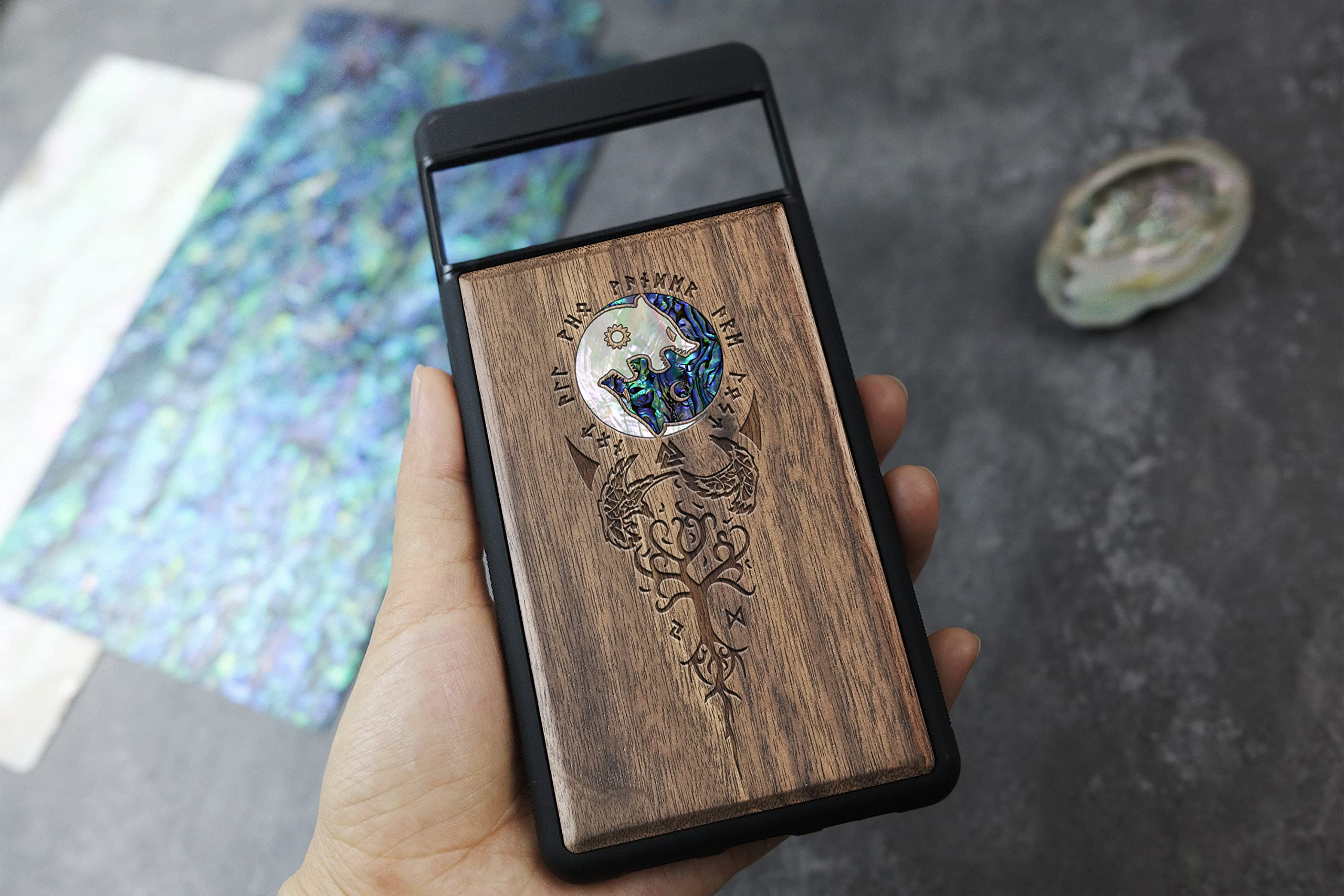 Carveit Hand-inlaid Wooden Case for Google Pixel 7 Pro, (Yinyang Wolf Engraved on Walnut) Compatible with QI Wireless Charging