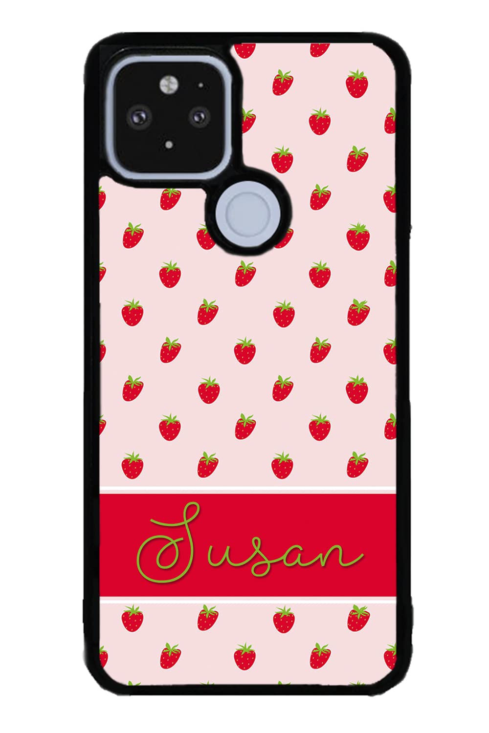 Strawberry Fruit Pattern Personalized Black Rubber Phone Case Compatible With Google Pixel 8 Pro, 8a, 8, 7a, 7, Pixel 7 Pro, 6a, Pixel 6 Pro, 6, 5, 4a 5G, 4a 4G, 4, 4 XL, 3a, 3a XL, 3, 3 XL