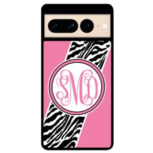 zebra animal skin pink script monogram black rubber phone case compatible with google pixel 8 pro, 8a, 8, 7a, 7, pixel 7 pro, 6a, pixel 6 pro, 6, 5, 4a 5g, 4a 4g, 4, 4 xl, 3a, 3a xl, 3, 3 xl, 2