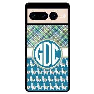 green blue and white plaid llama monogram black rubber phone case compatible with google pixel 8 pro, 8a, 8, 7a, 7, pixel 7 pro, 6a, pixel 6 pro, 6, 5, 4a 5g, 4a 4g, 4, 4 xl, 3a, 3a xl, 3