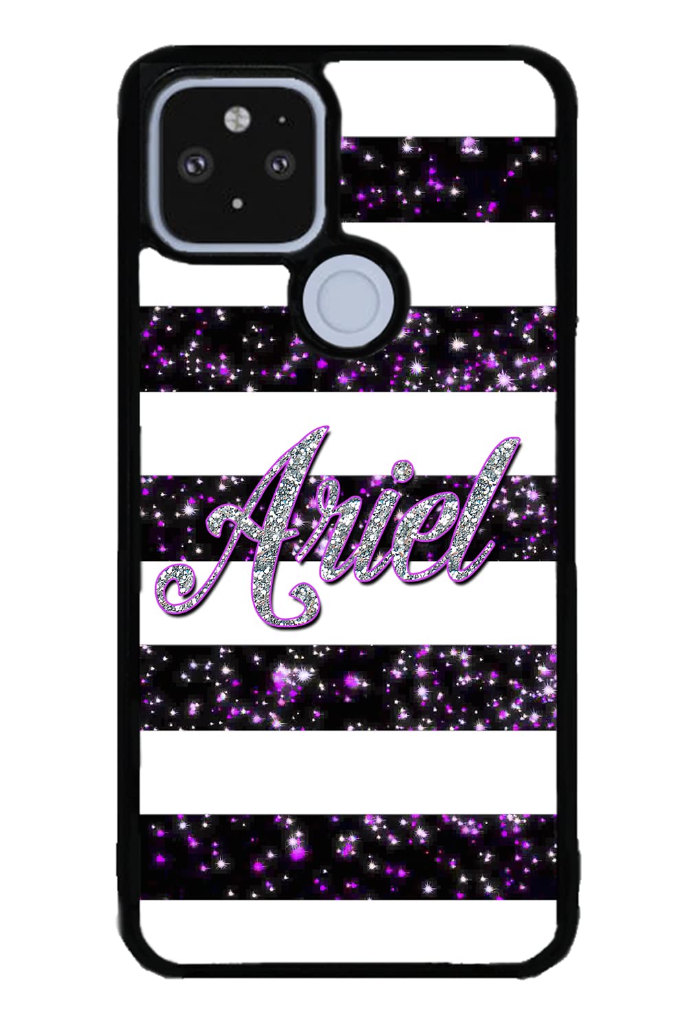 Purple Silver Glitter Bars Personalized Black Rubber Phone Case Compatible With Google Pixel 8 Pro, 8a, 8, 7a, 7, Pixel 7 Pro, 6a, 6 Pro, 6, 5, 4a 5G, 4a 4G, 4, 4 XL, 3a, 3a XL, 3, 3 XL, 2 XL, 2