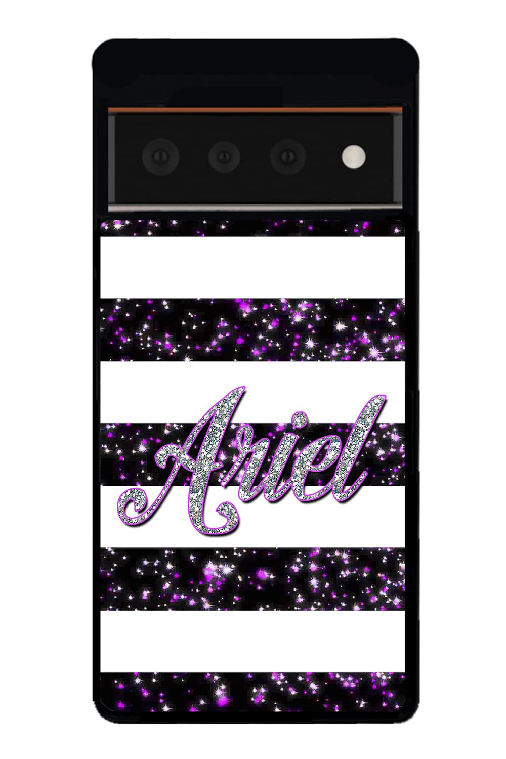 Purple Silver Glitter Bars Personalized Black Rubber Phone Case Compatible With Google Pixel 8 Pro, 8a, 8, 7a, 7, Pixel 7 Pro, 6a, 6 Pro, 6, 5, 4a 5G, 4a 4G, 4, 4 XL, 3a, 3a XL, 3, 3 XL, 2 XL, 2