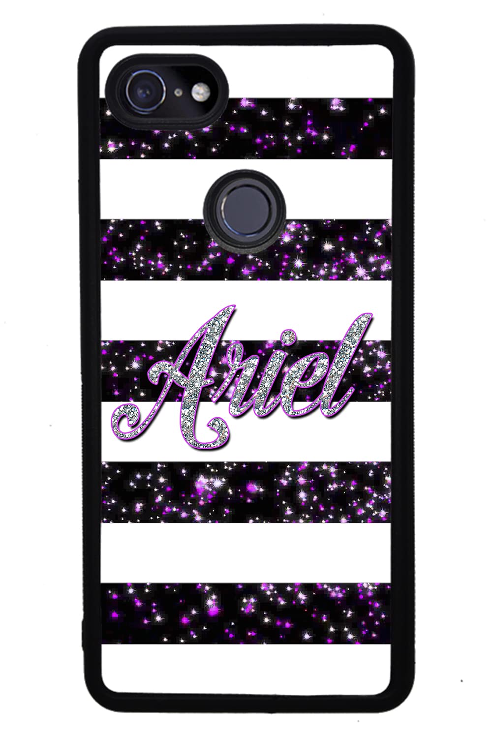 Purple Silver Glitter Bars Personalized Black Rubber Phone Case Compatible With Google Pixel 8 Pro, 8a, 8, 7a, 7, Pixel 7 Pro, 6a, 6 Pro, 6, 5, 4a 5G, 4a 4G, 4, 4 XL, 3a, 3a XL, 3, 3 XL, 2 XL, 2