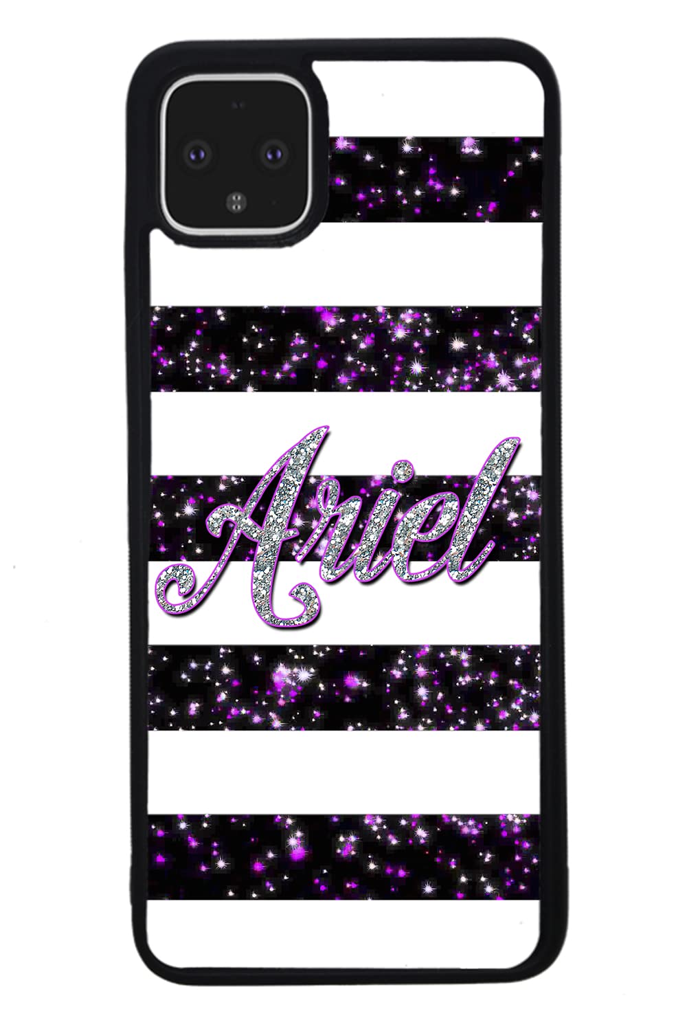 Purple Silver Glitter Bars Personalized Black Rubber Phone Case Compatible With Google Pixel 8 Pro, 8a, 8, 7a, 7, Pixel 7 Pro, 6a, 6 Pro, 6, 5, 4a 5G, 4a 4G, 4, 4 XL, 3a, 3a XL, 3, 3 XL, 2 XL, 2