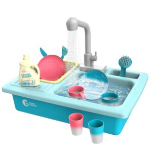 cute stone color changing kitchen sink toys, children electric dishwasher playing toy with running water, upgraded faucet, automatic water cycle system play house pretend role play toys for boys girls