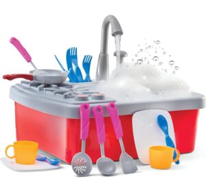 play22 17 pc kids play sink with running water - kitchen sink toy - toddler sink toy with real faucet & drain, dishes, utensils - play cooking stove w/pan - kitchen toys for toddlers & kids