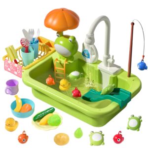 cute stone play sink with running water, kitchen sink toys with upgraded electric faucet, play kitchen toy accessories, pool floating fishing toys for water play, kids role play dishwasher toy