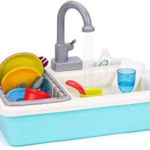 Foxswov Kitchen Play Sink Toys, Fun & Educative Kids Toy Sink, Electric Dishwasher Playing Toy with Running Water for Toddler - 20 Piece Pretend Play Toy for Boys and Girls