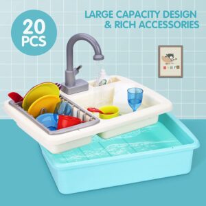 Foxswov Kitchen Play Sink Toys, Fun & Educative Kids Toy Sink, Electric Dishwasher Playing Toy with Running Water for Toddler - 20 Piece Pretend Play Toy for Boys and Girls