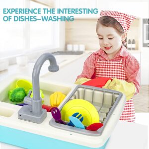 Foxswov Kitchen Play Sink Toys, Fun & Educative Kids Toy Sink, Electric Dishwasher Playing Toy with Running Water for Toddler - 20 Piece Pretend Play Toy for Boys and Girls