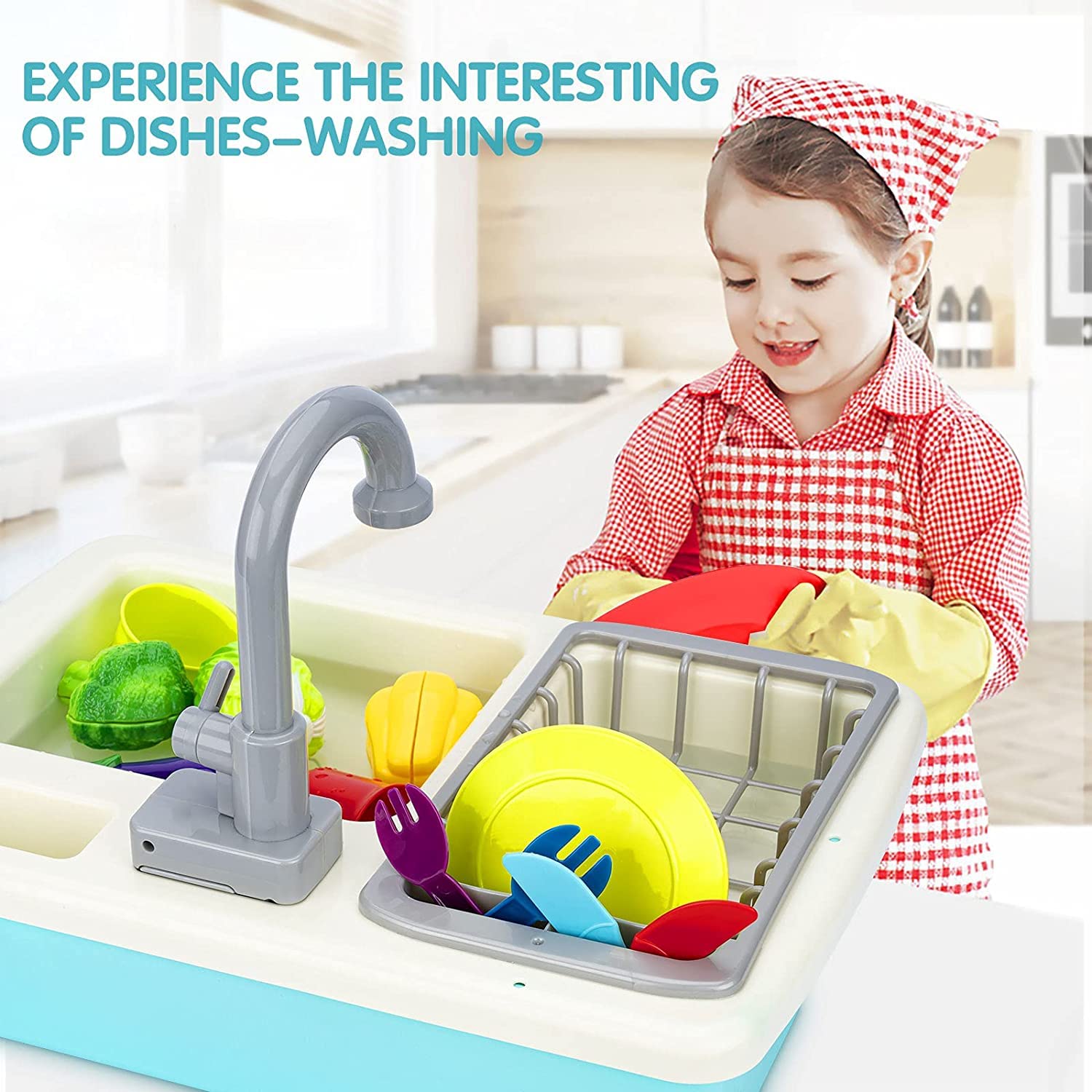 Foxswov Kitchen Play Sink Toys, Fun & Educative Kids Toy Sink, Electric Dishwasher Playing Toy with Running Water for Toddler - 20 Piece Pretend Play Toy for Boys and Girls