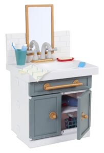 little tikes first bathroom sink with real working faucet pretend play for kids, 12 bathroom accessories, interactive unique toy multi-color, ages 2+ grey