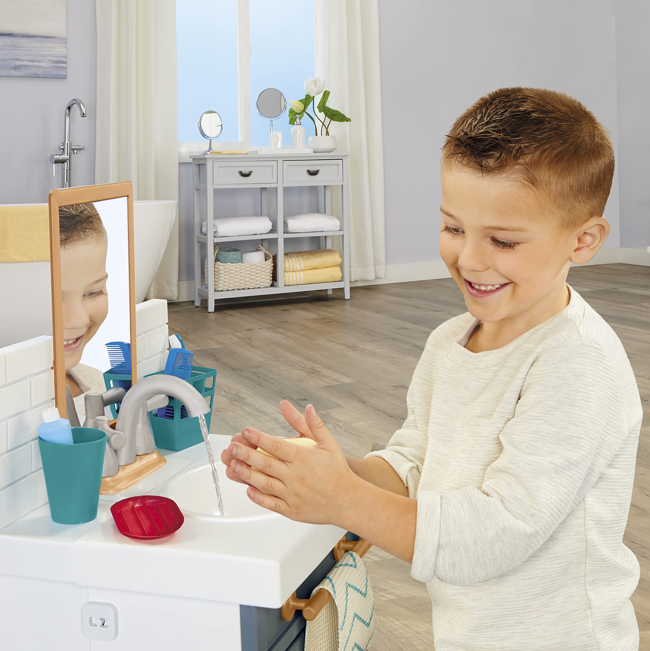 Little Tikes First Bathroom Sink with Real Working Faucet Pretend Play for Kids, 12 Bathroom Accessories, Interactive Unique Toy Multi-Color, Ages 2+ Grey