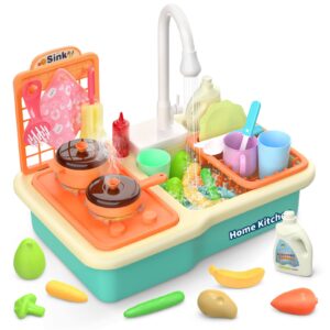 cute stone kitchen sink toys with running water, play sink with upgraded electric faucet, play cooking stove, pot and pan w/ spray realistic light & sound, kids kitchen role play dishwasher toys