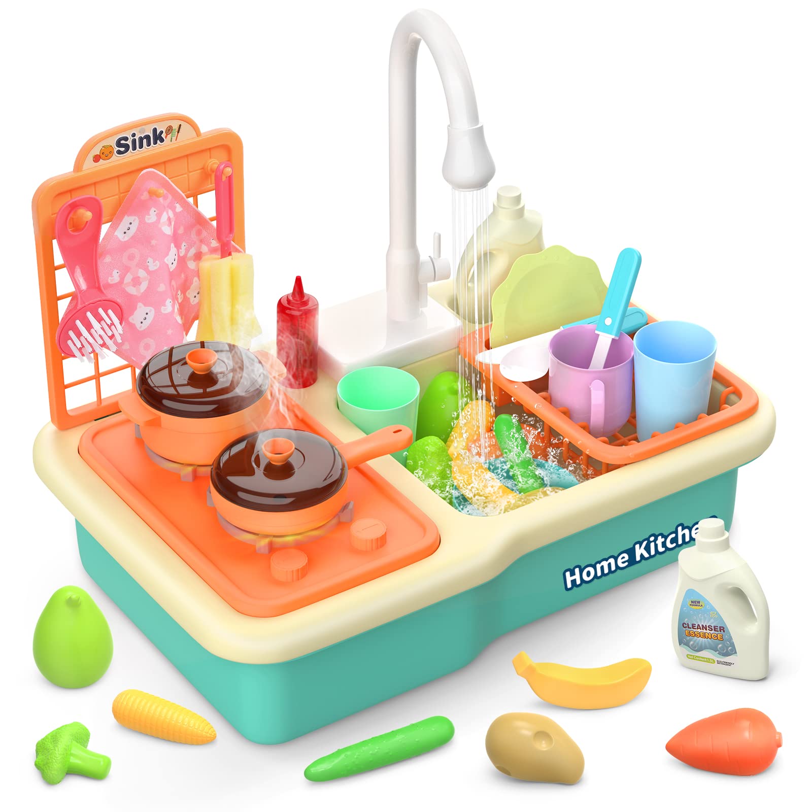 CUTE STONE Kitchen Sink Toys with Running Water, Play Sink with Upgraded Electric Faucet, Play Cooking Stove, Pot and Pan W/ Spray Realistic Light & Sound, Kids Kitchen Role Play Dishwasher Toys