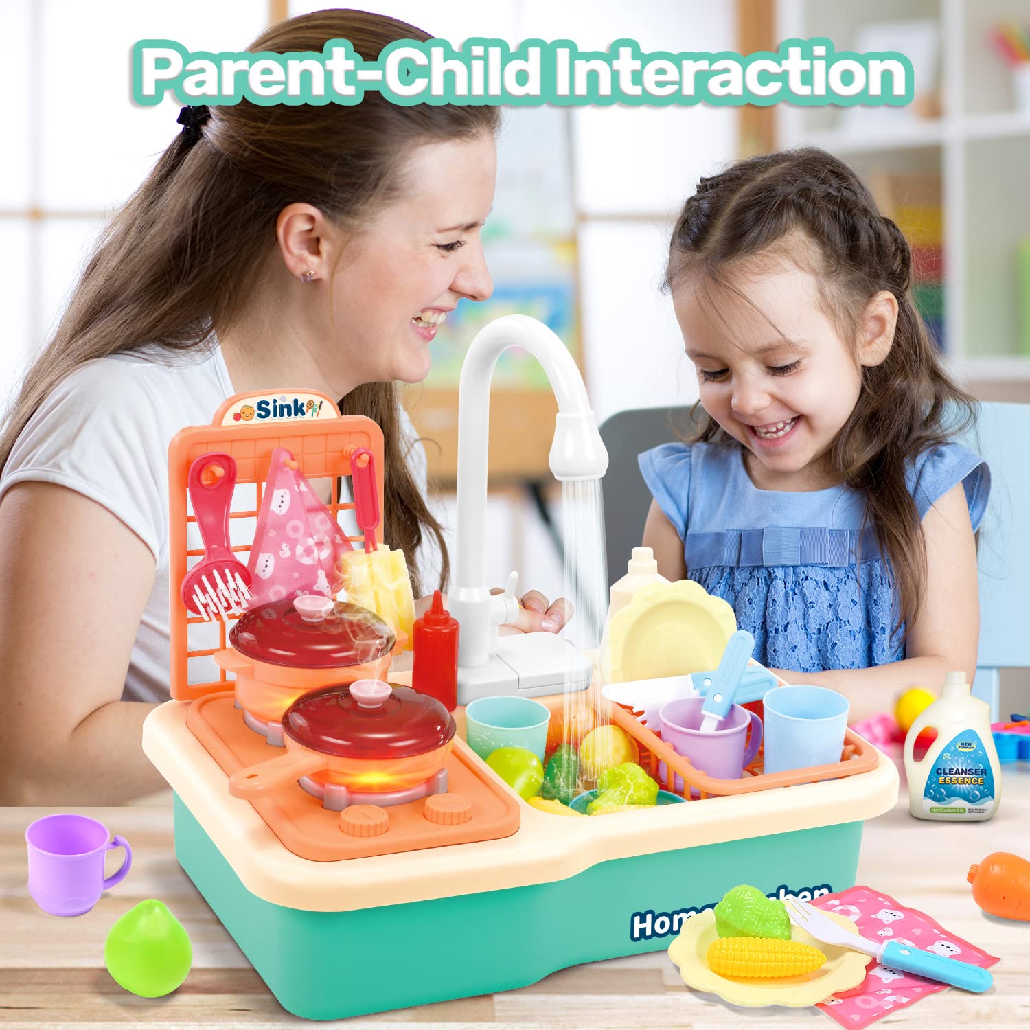 CUTE STONE Kitchen Sink Toys with Running Water, Play Sink with Upgraded Electric Faucet, Play Cooking Stove, Pot and Pan W/ Spray Realistic Light & Sound, Kids Kitchen Role Play Dishwasher Toys