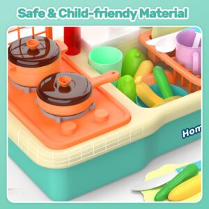 CUTE STONE Kitchen Sink Toys with Running Water, Play Sink with Upgraded Electric Faucet, Play Cooking Stove, Pot and Pan W/ Spray Realistic Light & Sound, Kids Kitchen Role Play Dishwasher Toys