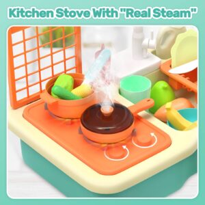 CUTE STONE Kitchen Sink Toys with Running Water, Play Sink with Upgraded Electric Faucet, Play Cooking Stove, Pot and Pan W/ Spray Realistic Light & Sound, Kids Kitchen Role Play Dishwasher Toys