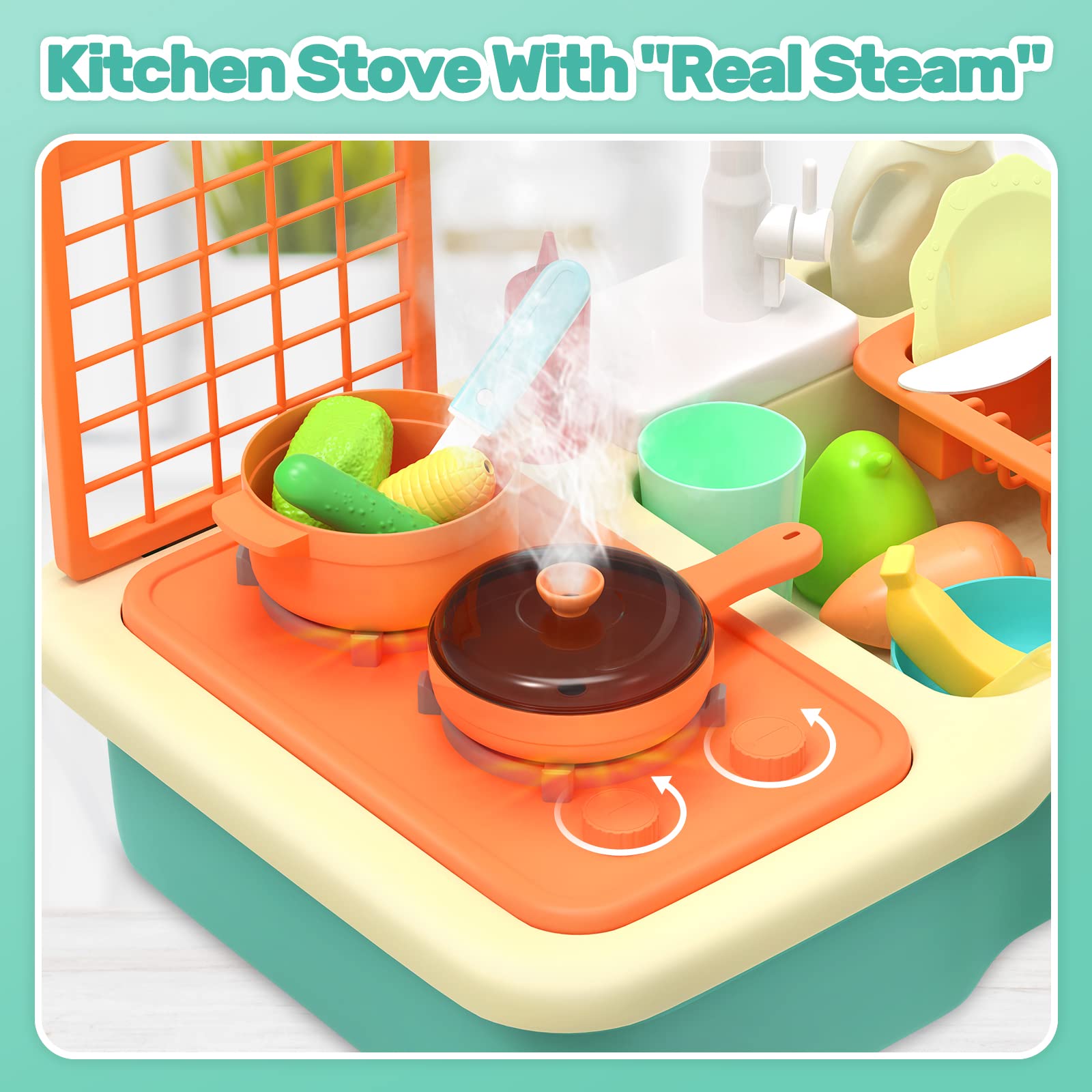 CUTE STONE Kitchen Sink Toys with Running Water, Play Sink with Upgraded Electric Faucet, Play Cooking Stove, Pot and Pan W/ Spray Realistic Light & Sound, Kids Kitchen Role Play Dishwasher Toys