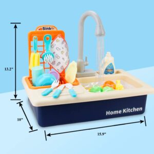 BOBXIN Play Sink with Running Water, Kids Play Kitchen Toy Sink Electric Dishwasher, Pretend Role Play Kitchen Toys Set with Upgraded Working Faucet and Dishes Playset for Girls, Toddler and Boys