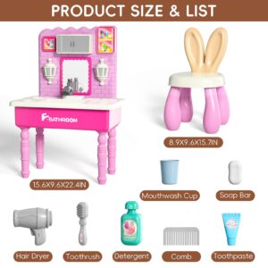 Lucky Doug Pretend Play Sink Toys for Kids, Bathroom Sink Toy with Running Water, Girls Vanity with Mirror and Stool for Kids Ages 3 4 5 6 7 Year olds