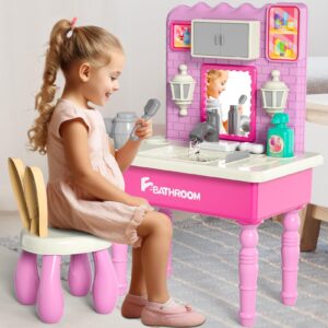 Lucky Doug Pretend Play Sink Toys for Kids, Bathroom Sink Toy with Running Water, Girls Vanity with Mirror and Stool for Kids Ages 3 4 5 6 7 Year olds