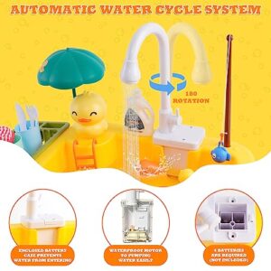 Play Sink with Running Water, Kitchen Sink Toys Play Kitchen Toy with Fake Food & Kitchenware, Pool Floating Fishing Toys for Water Play, Kids Role Play Dishwasher Toy (Duck Sink)