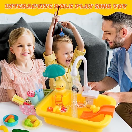 Play Sink with Running Water, Kitchen Sink Toys Play Kitchen Toy with Fake Food & Kitchenware, Pool Floating Fishing Toys for Water Play, Kids Role Play Dishwasher Toy (Duck Sink)