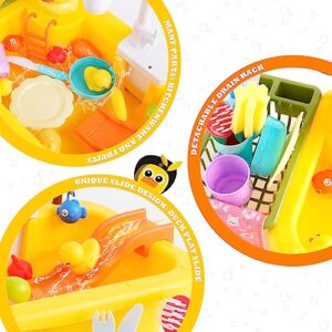 Play Sink with Running Water, Kitchen Sink Toys Play Kitchen Toy with Fake Food & Kitchenware, Pool Floating Fishing Toys for Water Play, Kids Role Play Dishwasher Toy (Duck Sink)