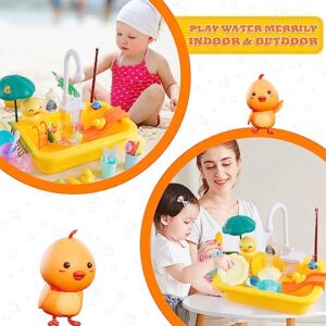 Play Sink with Running Water, Kitchen Sink Toys Play Kitchen Toy with Fake Food & Kitchenware, Pool Floating Fishing Toys for Water Play, Kids Role Play Dishwasher Toy (Duck Sink)